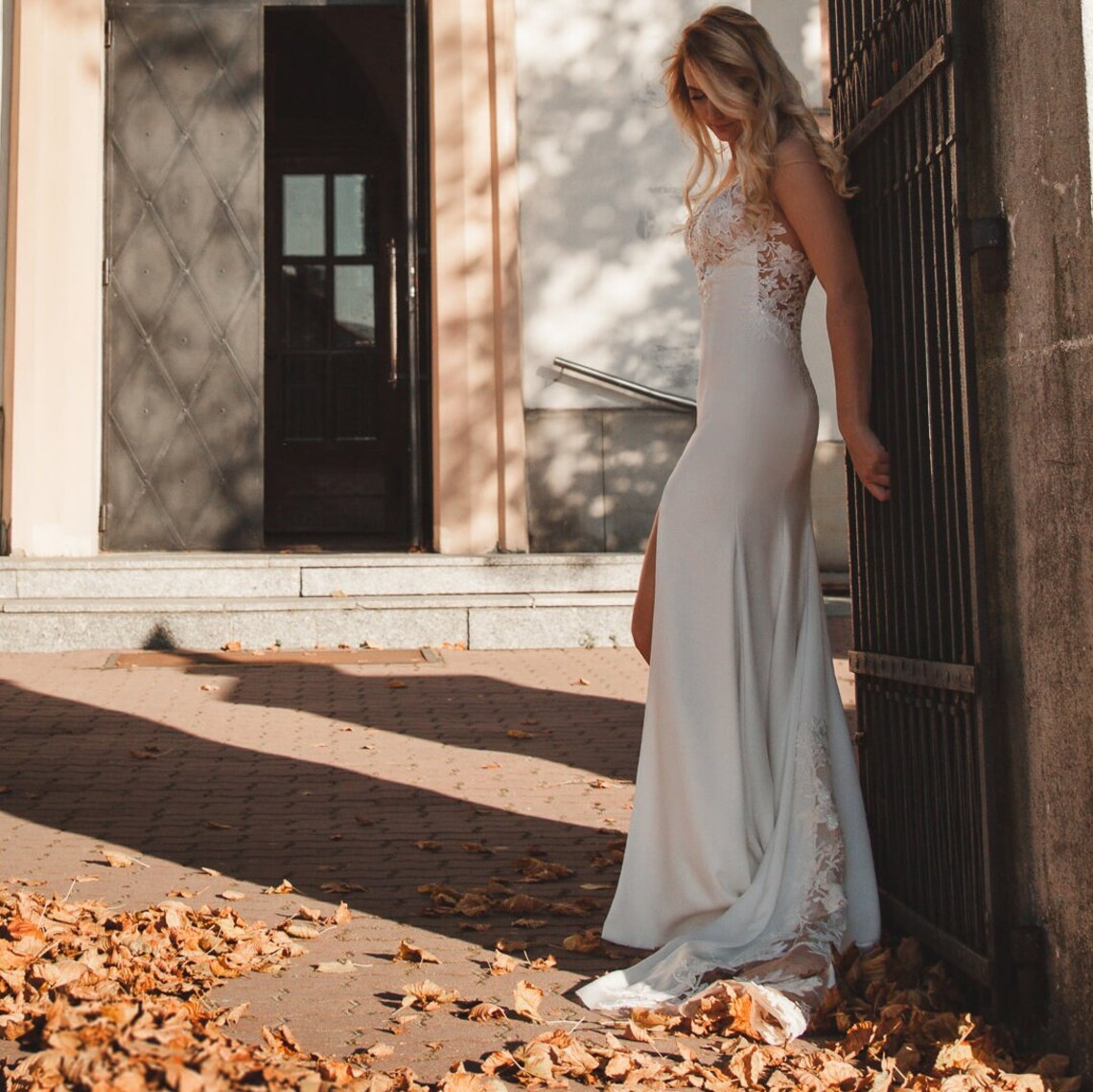 Floral Lace Mermaid Bridal Gown With Leg Slit, Elopement Wedding Dress ...