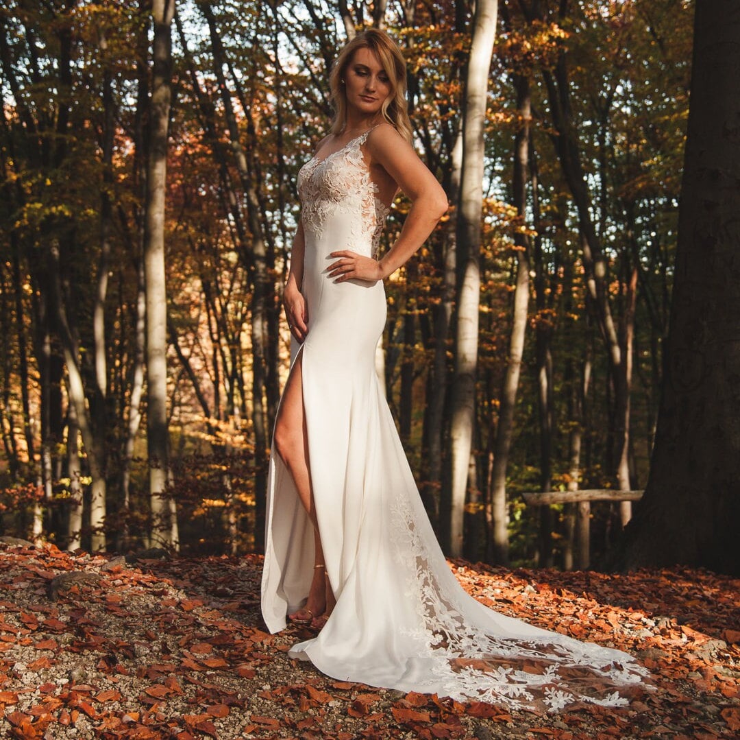 Floral Lace Mermaid Bridal Gown With Leg Slit, Elopement Wedding Dress ...