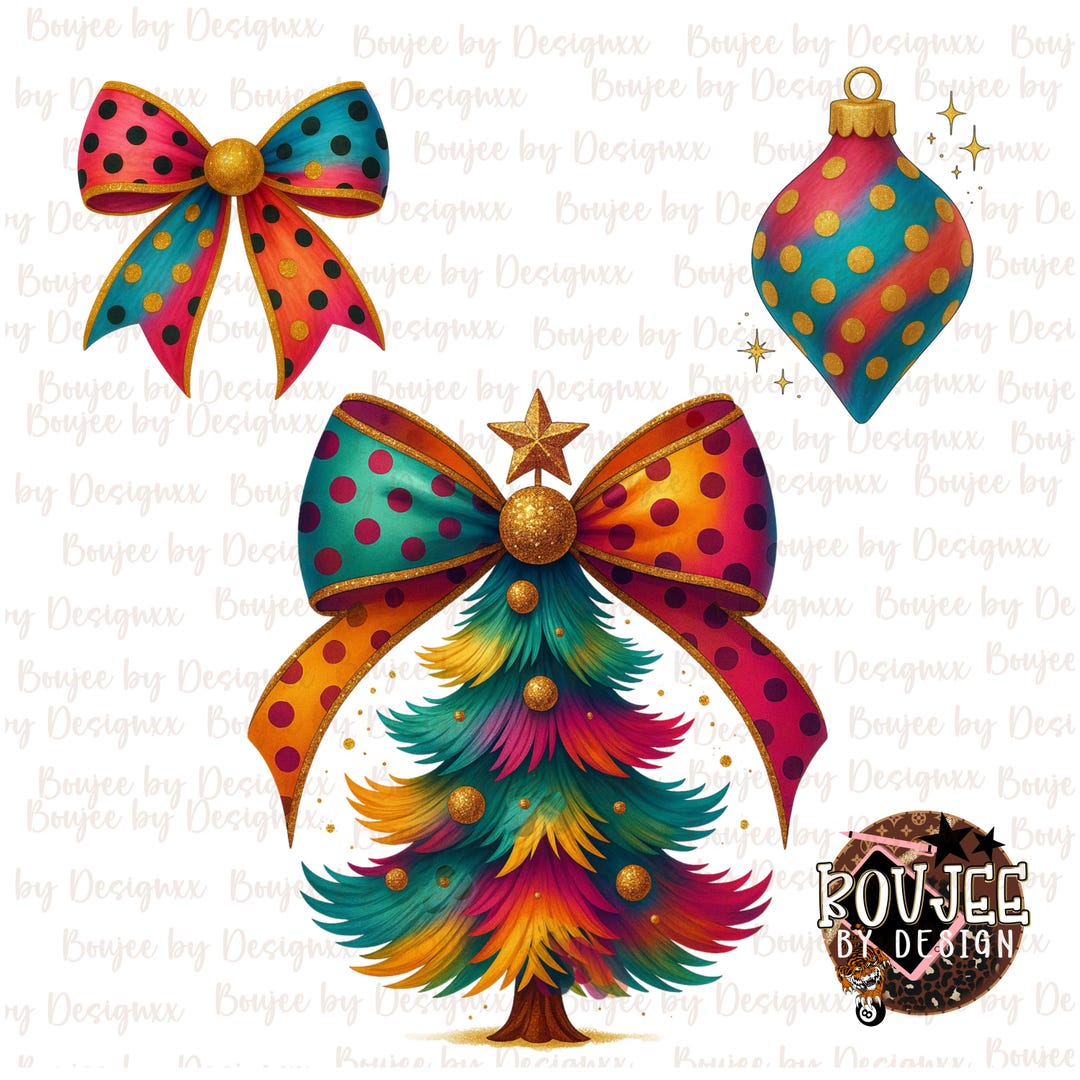 Bright Boujee Christmas Clipart Bundle | Rainbow Tree, Bow & Ornament ...