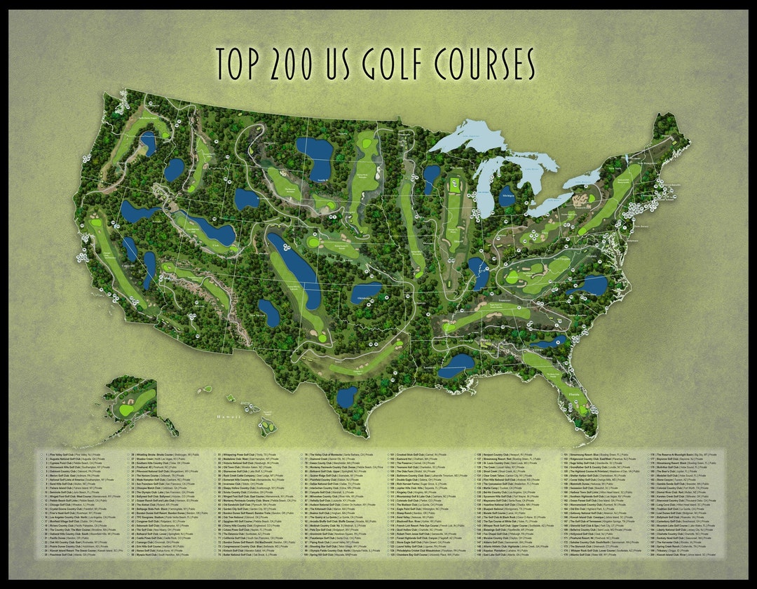 Golf Courses, Top 200 US Golf Courses, Dad Gift, Golf Fan Gift, Golf ...