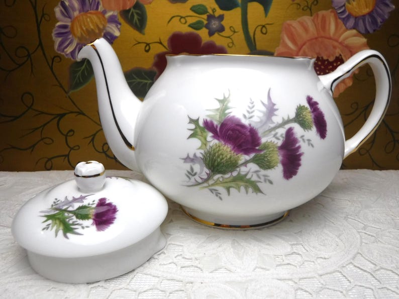Duchess Vintage Teapot: Highland Beauty, Purple Thistles, White, Gold ...