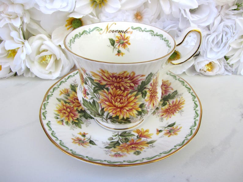 Queens Rosina November Teacup and Saucer: Chrysanthemum, Special ...