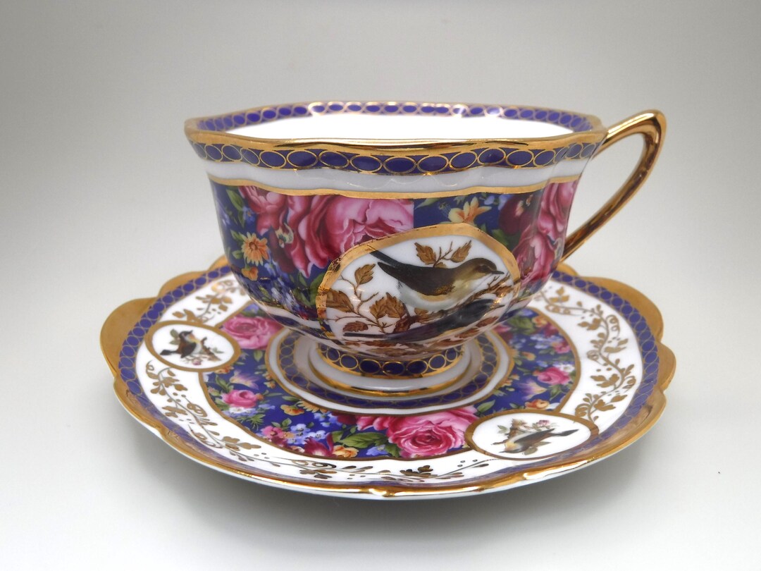 Sovereign Vintage Teacup and Saucer | Birds Teacup | Roses Cobalt Blue ...