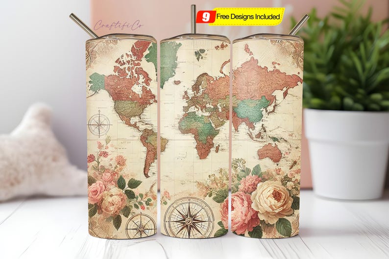 World Map Tumbler Wrap Png, Vintage Retro Map Design, Antique 20 Oz ...