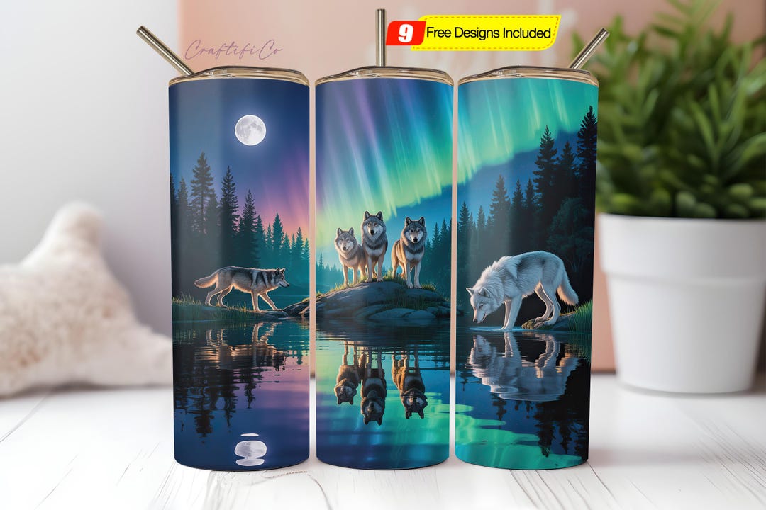 Northern Lights Wolfpack Tumbler Wrap PNG, 20 Oz Skinny Tumbler ...