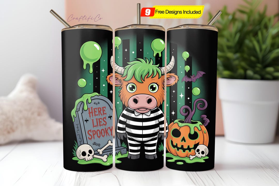 Ghoul Halloween Highland Cow Tumbler Wrap PNG, Spooky Themed ...