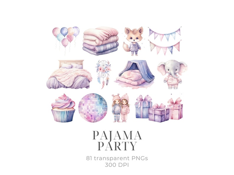 Sleepover Clipart, Sleepover Birthday, Watercolor Clipart, Pajama Party ...
