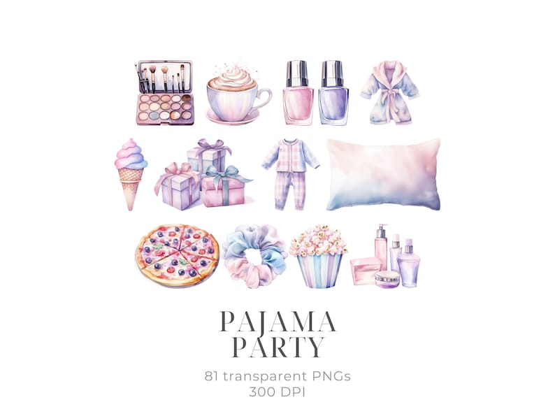 Sleepover Clipart, Sleepover Birthday, Watercolor Clipart, Pajama Party ...
