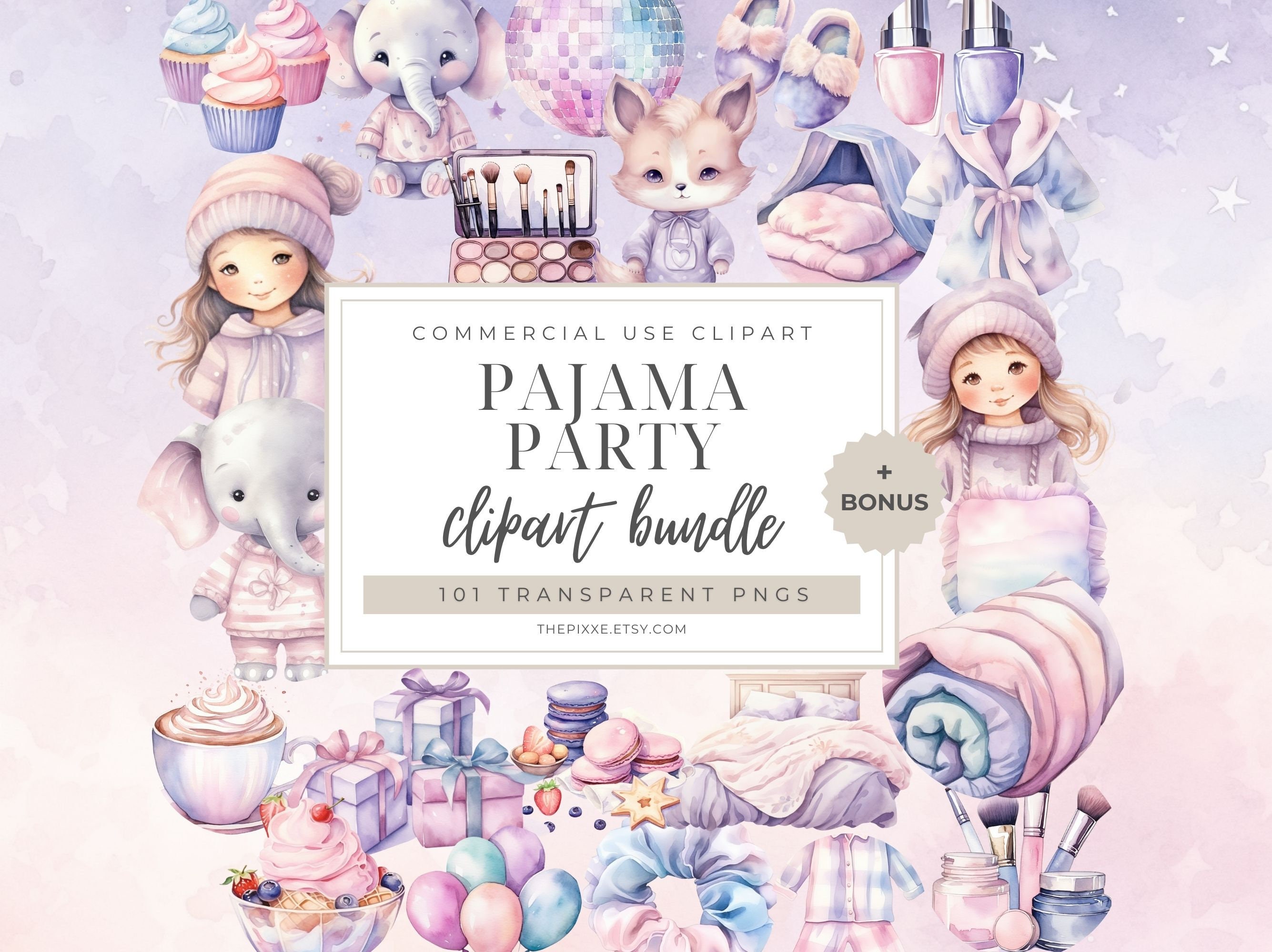 Sleepover Clipart, Sleepover Birthday, Watercolor Clipart, Pajama Party ...