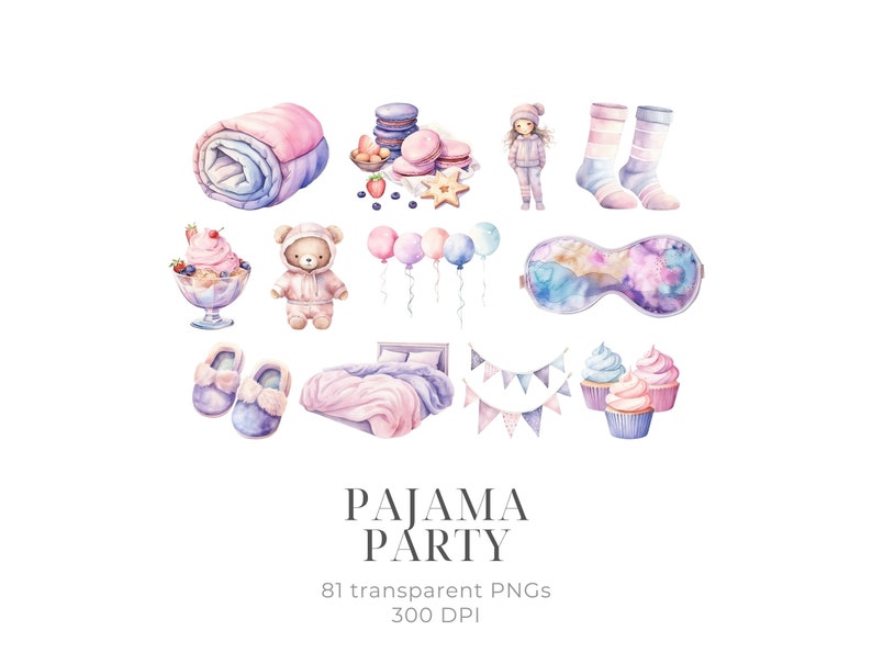 Sleepover Clipart, Sleepover Birthday, Watercolor Clipart, Pajama Party ...