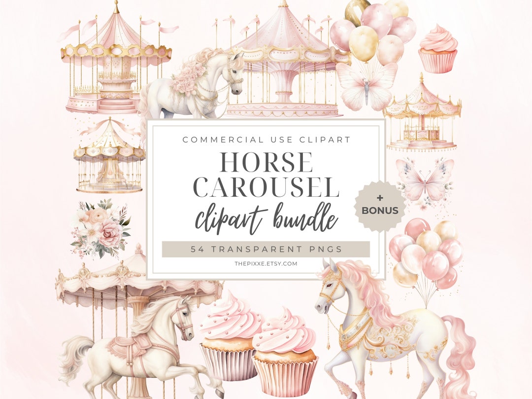 Watercolor Horse Carousel Clipart, Boho Pink and Gold Magical Graphics ...
