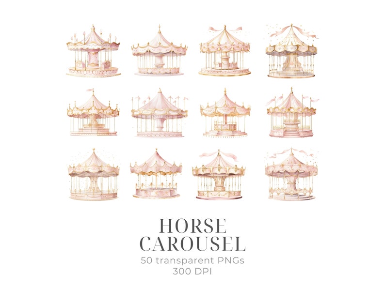 Watercolor Horse Carousel Clipart, Boho Pink and Gold Magical Graphics ...