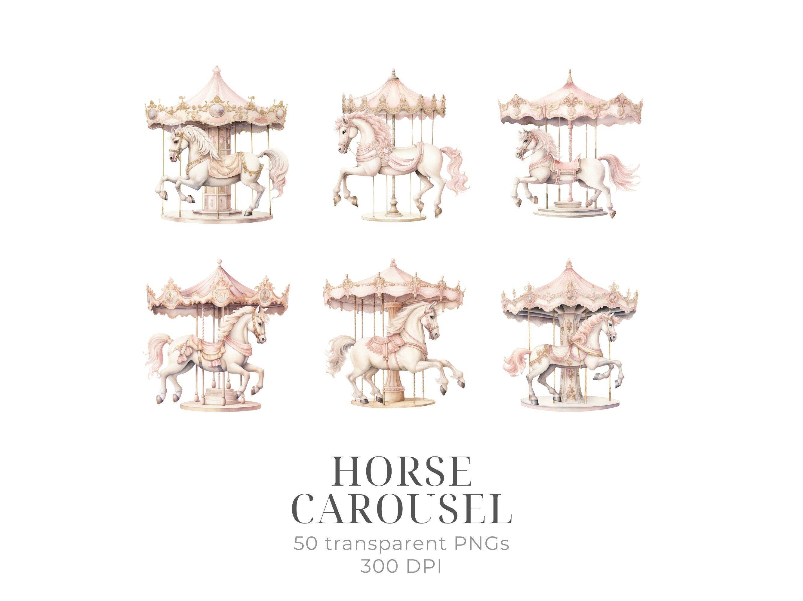 Watercolor Horse Carousel Clipart, Boho Pink and Gold Magical Graphics ...