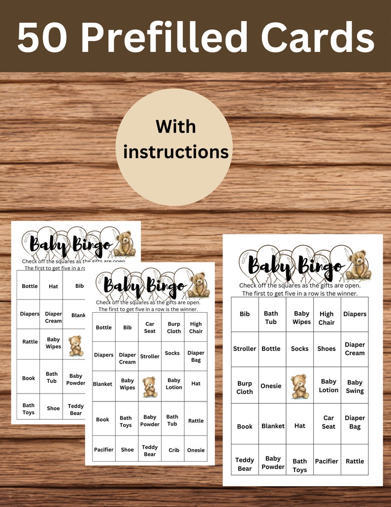 50 Prefilled Baby Shower Bingo Cards Baby Shower Bingo Game Teddy Bear ...
