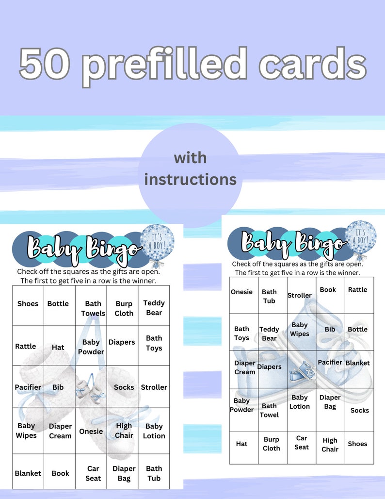 50 Prefilled Baby Shower Bingo Cards Baby Shower Bingo Game Baby Boy ...