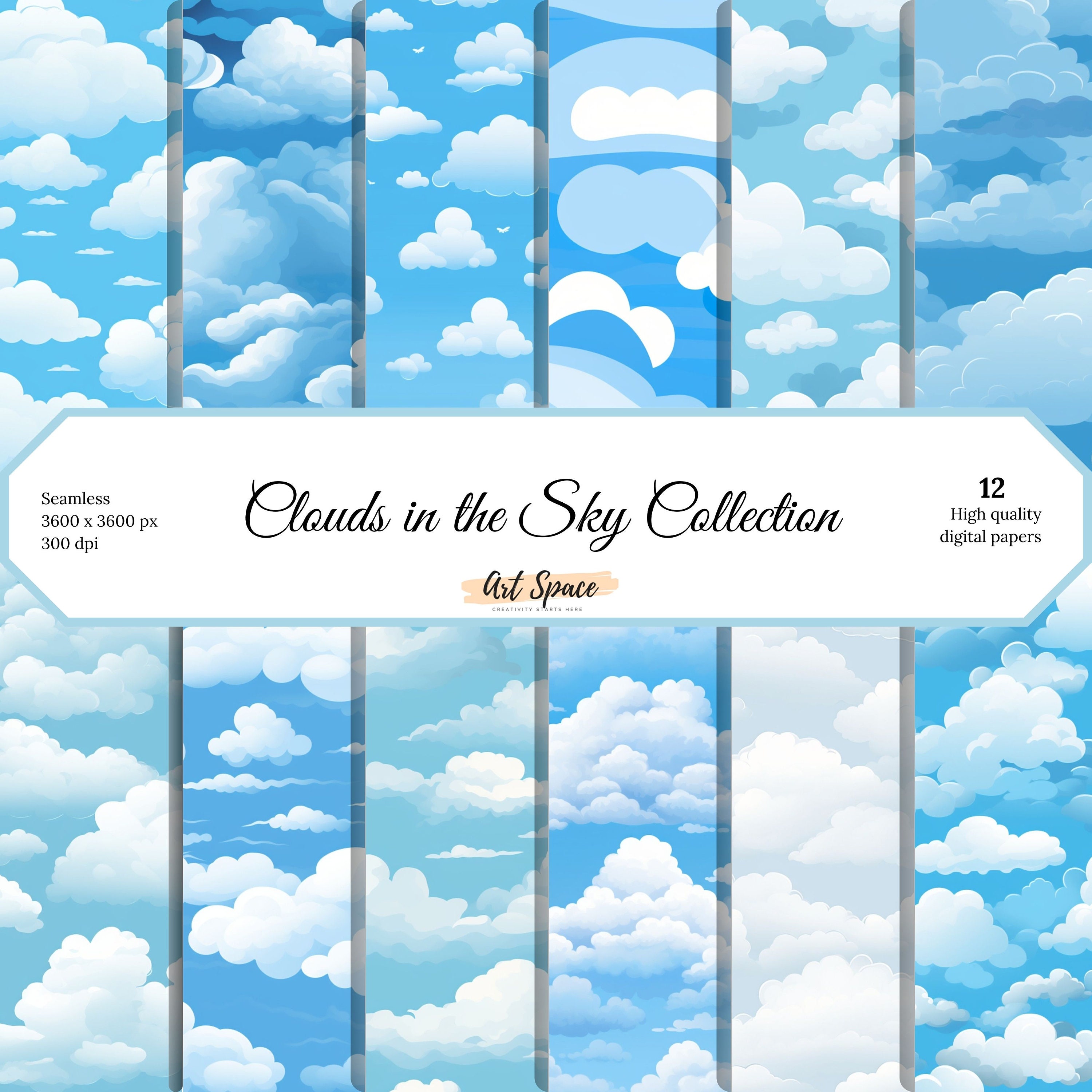 Cloudy Sky Digital Paper, Seamless Patterns, Scrapbook Papers, Sky ...