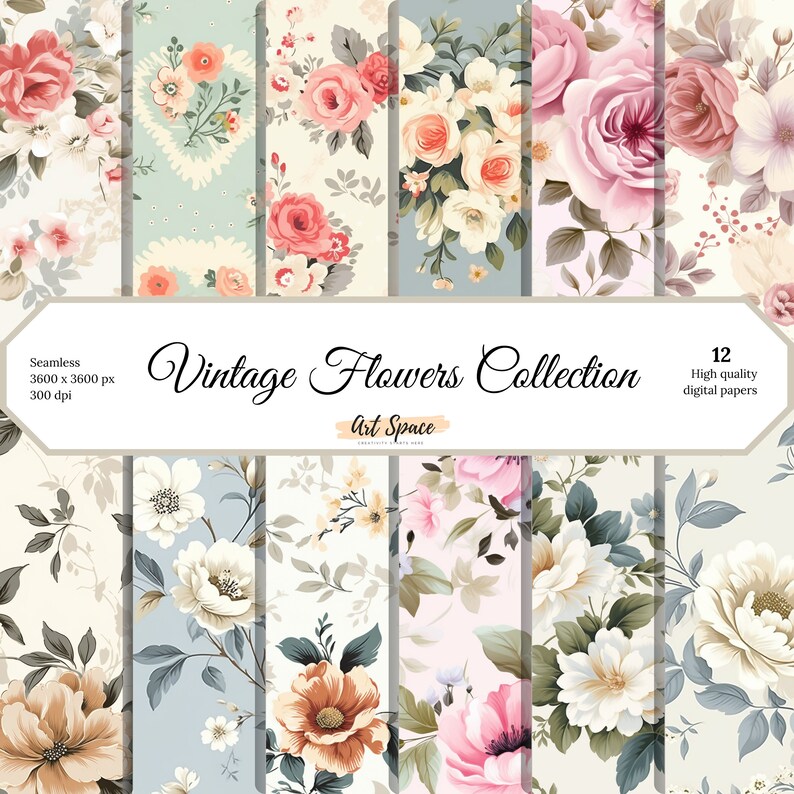 Vintage Flowers Digital Paper, Seamless Patterns, Scrapbook Papers ...