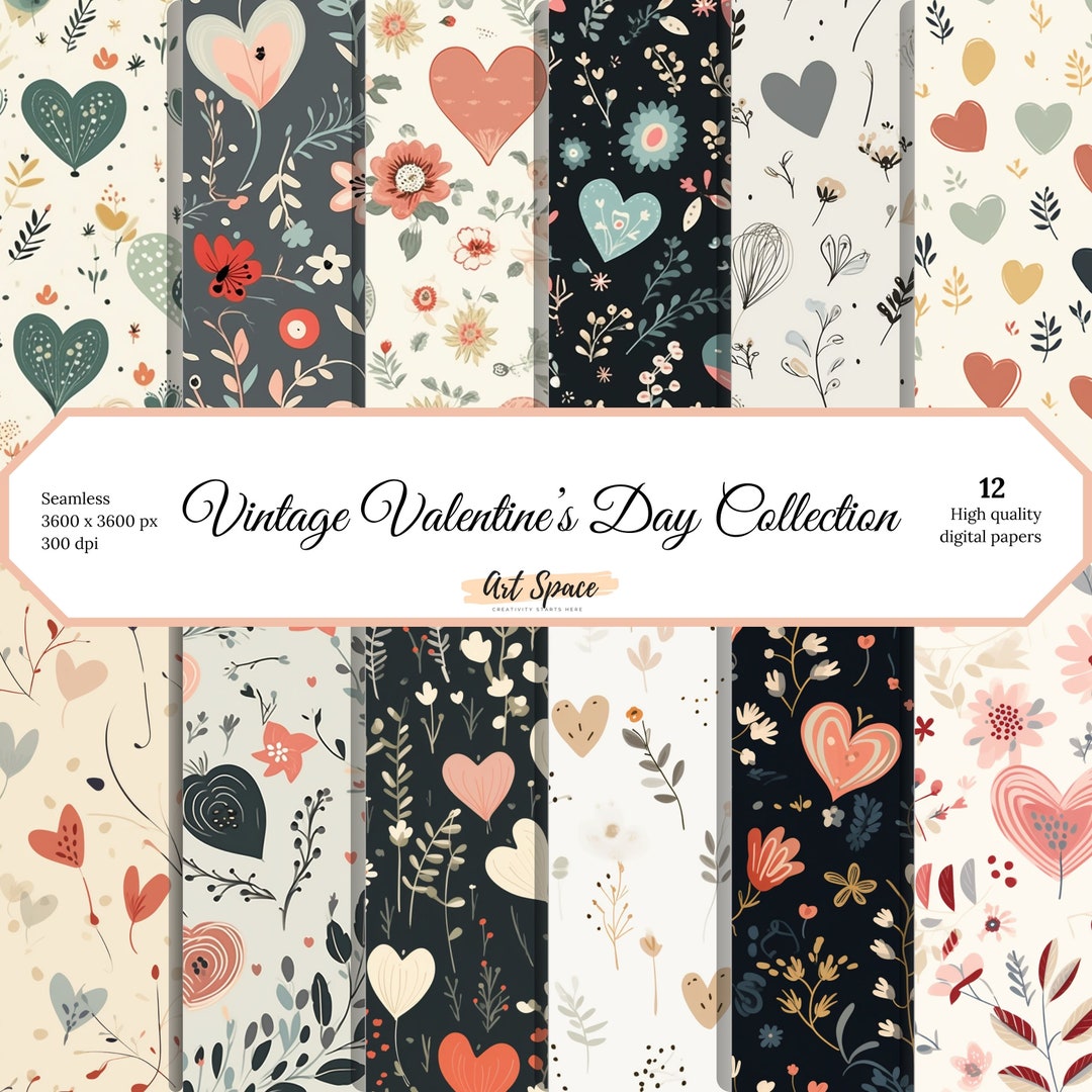 Vintage Valentine's Day Digital Paper, Seamless Patterns, Scrapbook ...