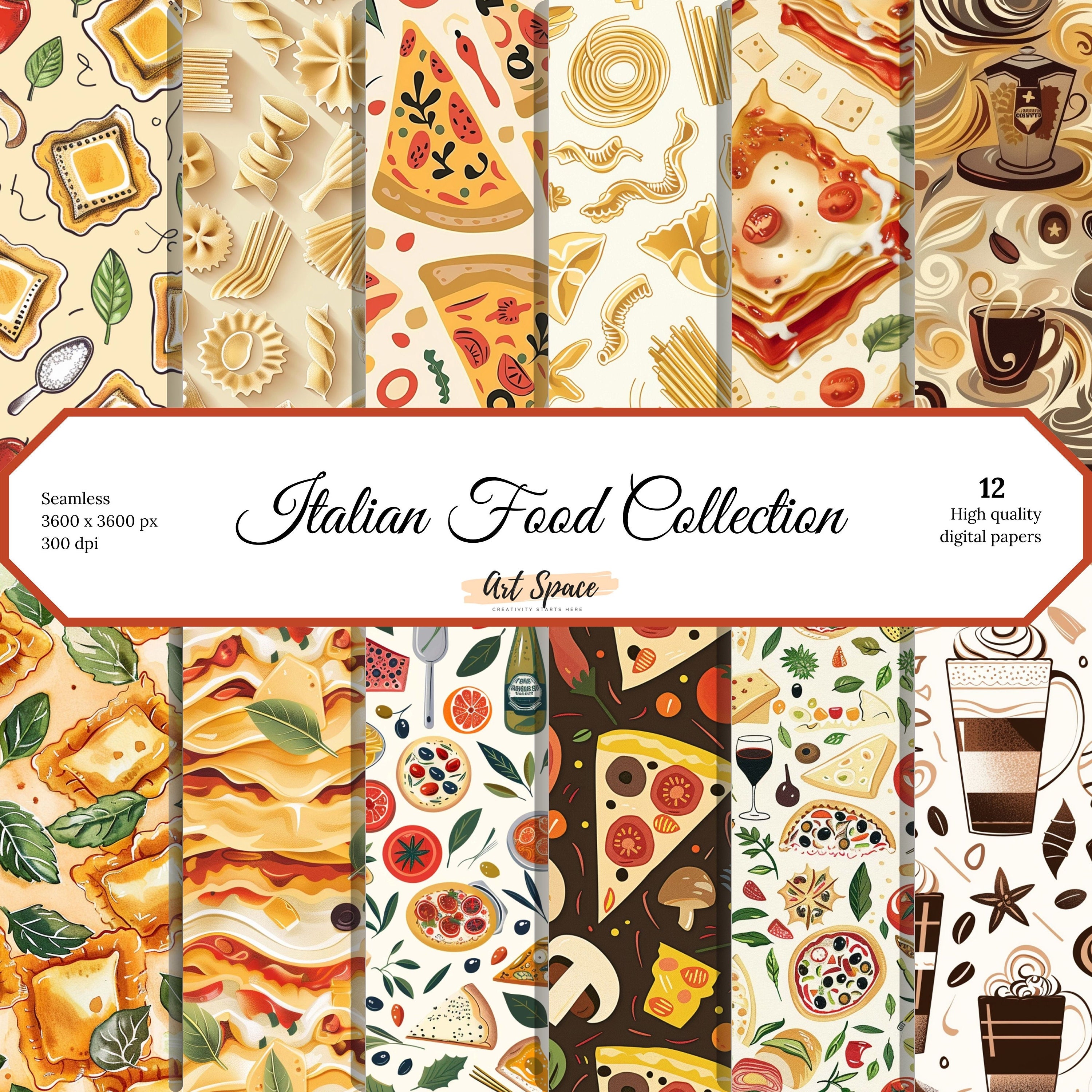 Italian Food Digital Paper, Seamless Patterns, Scrapbook Papers, Food ...