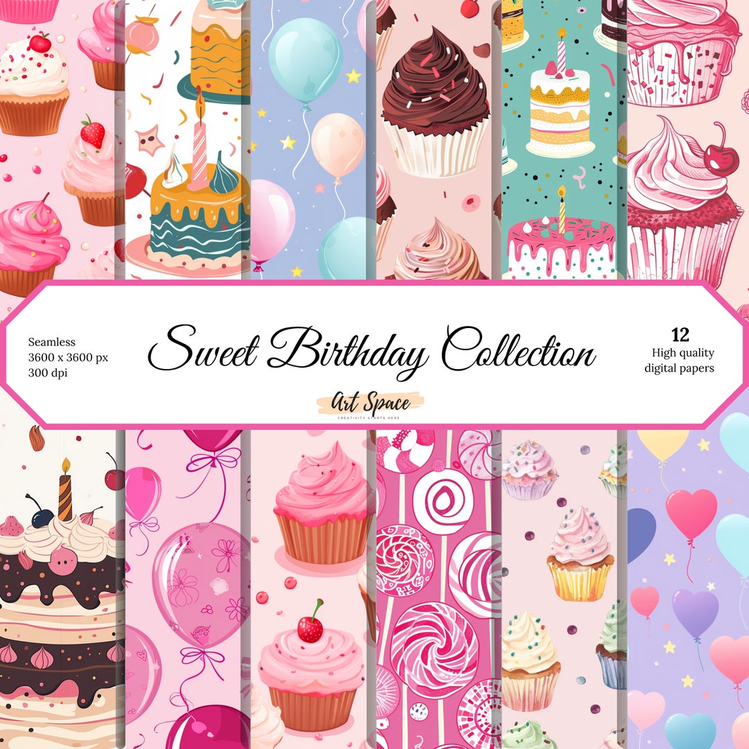 Sweet Birthday Digital Paper, Seamless Patterns, Scrapbook Papers ...