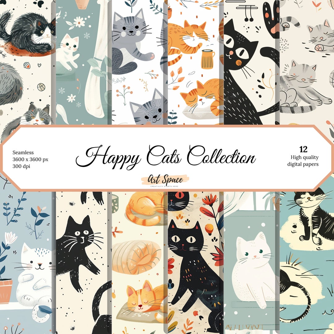Happy Cats Digital Paper, Seamless Patterns, Scrapbook Papers, Animals ...