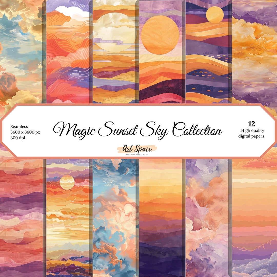 Magic Sunset Sky Digital Paper, Seamless Patterns, Scrapbook Papers ...
