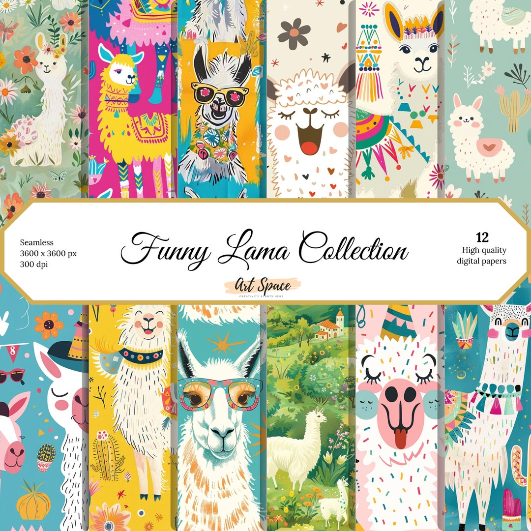 Funny Lama Digital Paper, Seamless Patterns, Scrapbook Papers, Animal ...