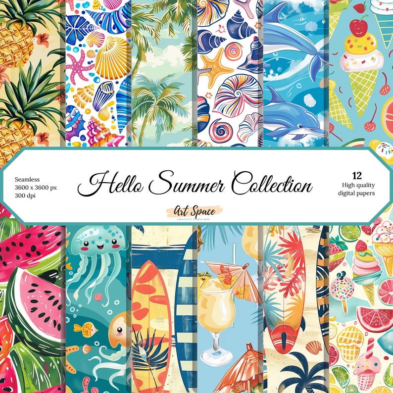 Hello Summer Digital Paper, Seamless Patterns, Scrapbook Papers, Summer ...