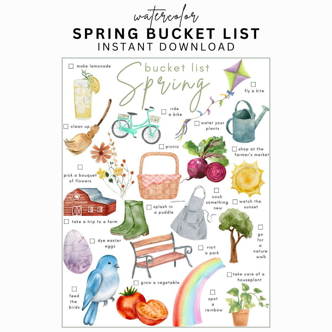 Watercolor Springtime Bucket List, Spring Bucket List, Printable - Etsy