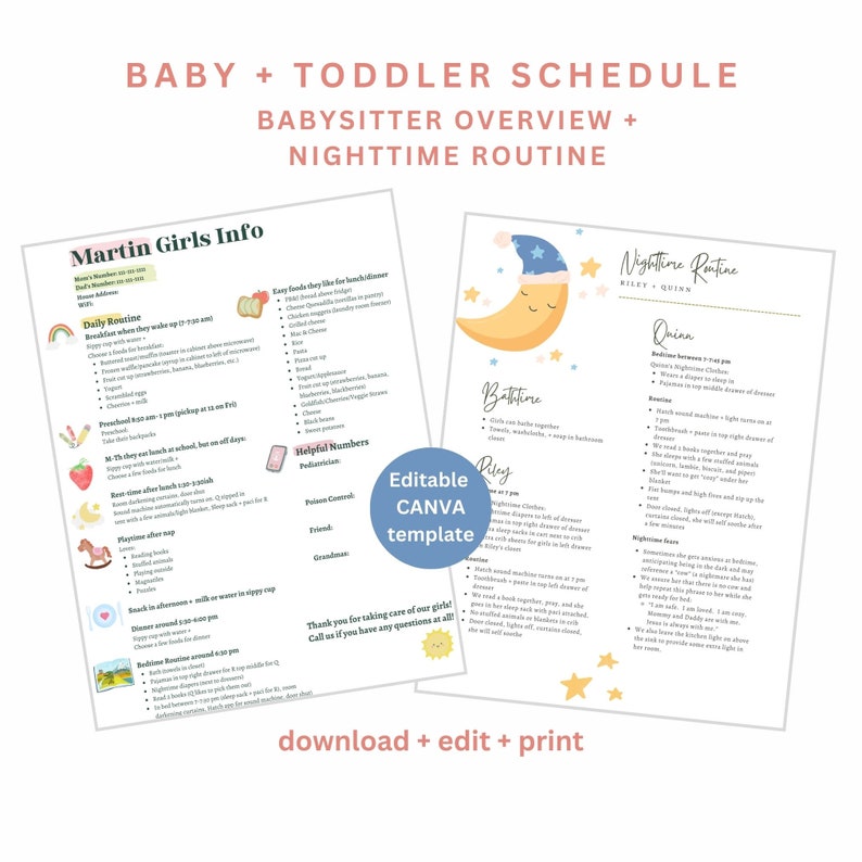 Baby and Toddler Schedule, Babysitter Info Sheet, Nighttime Routine - Etsy