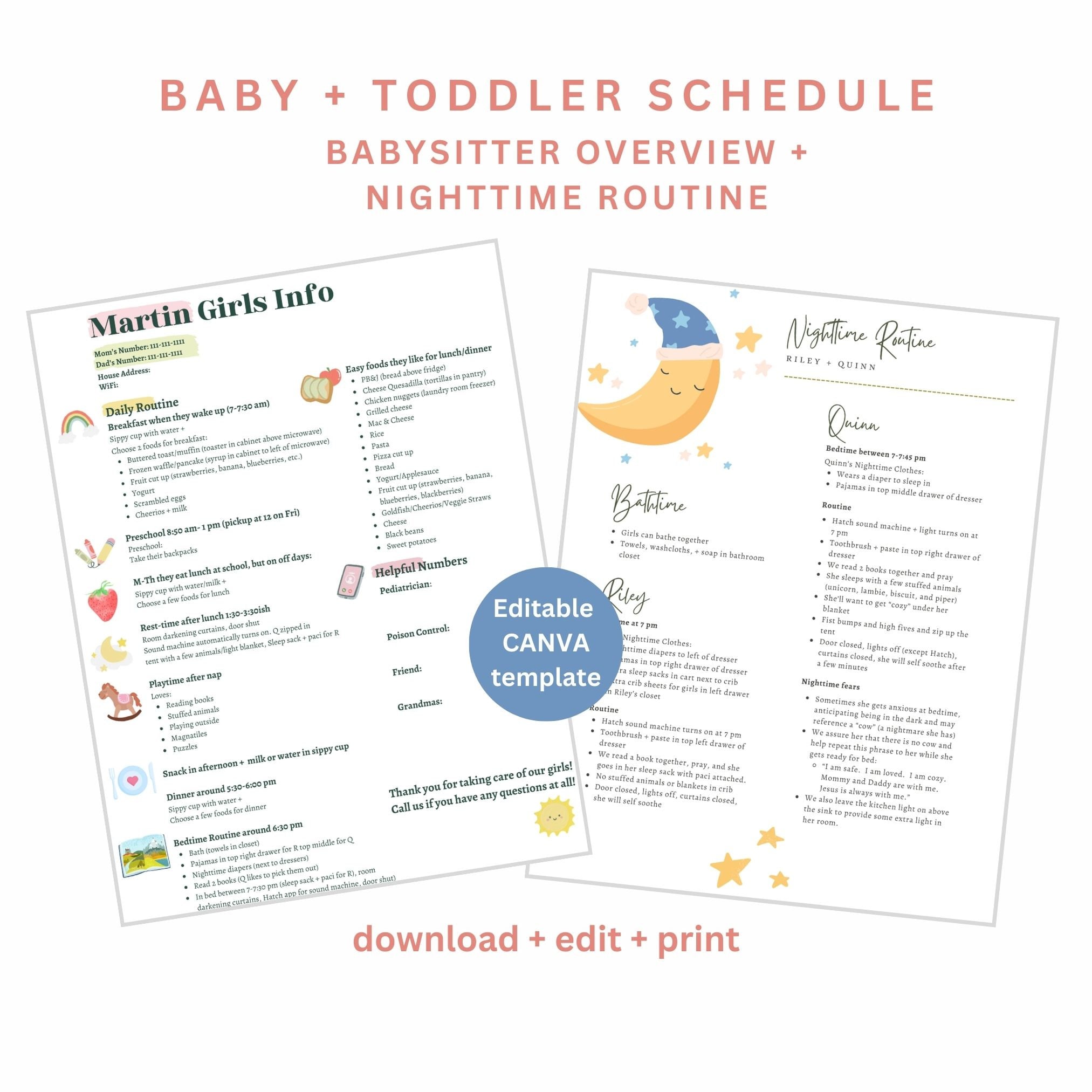 Baby and Toddler Schedule, Babysitter Info Sheet, Nighttime Routine - Etsy