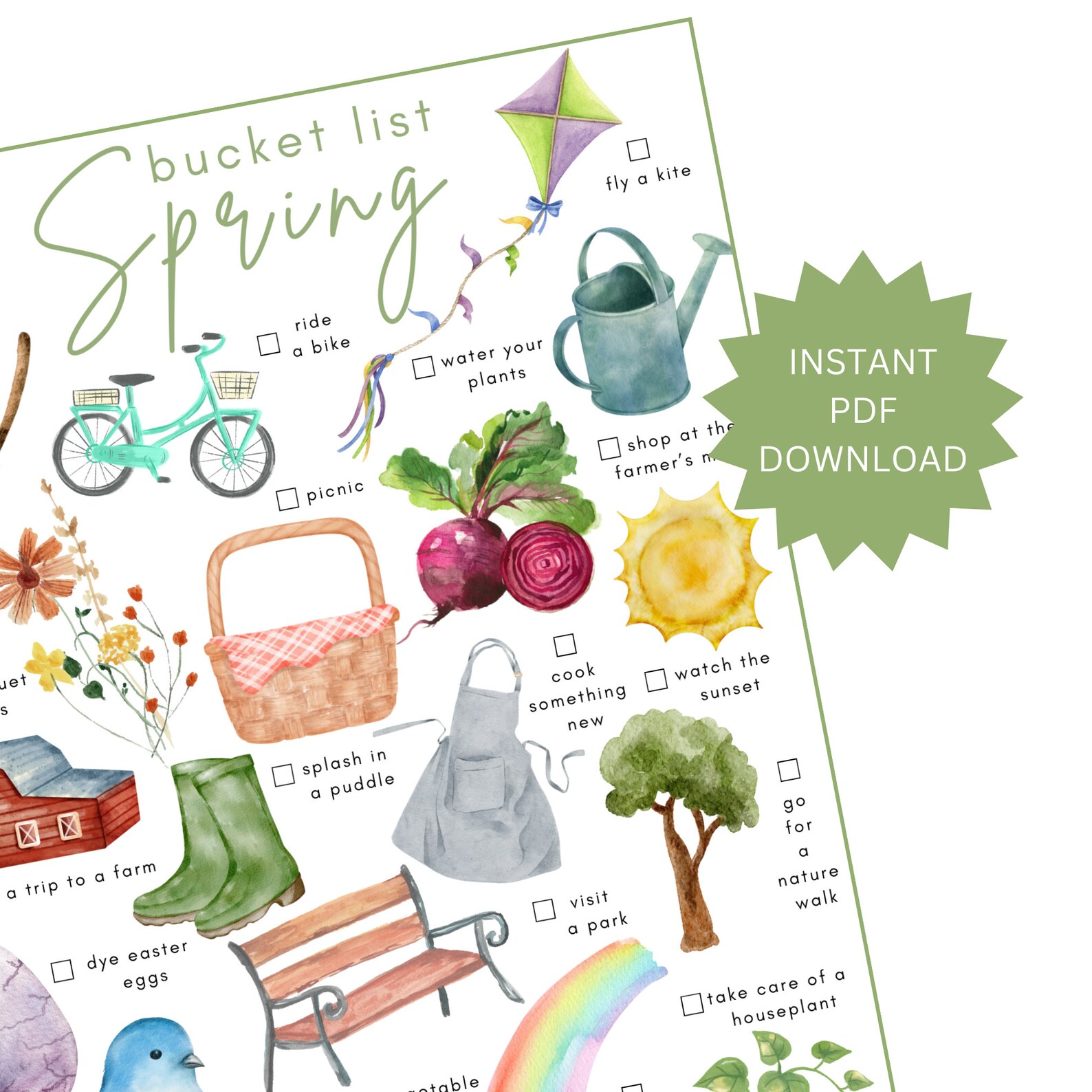 Watercolor Springtime Bucket List, Spring Bucket List, Printable - Etsy