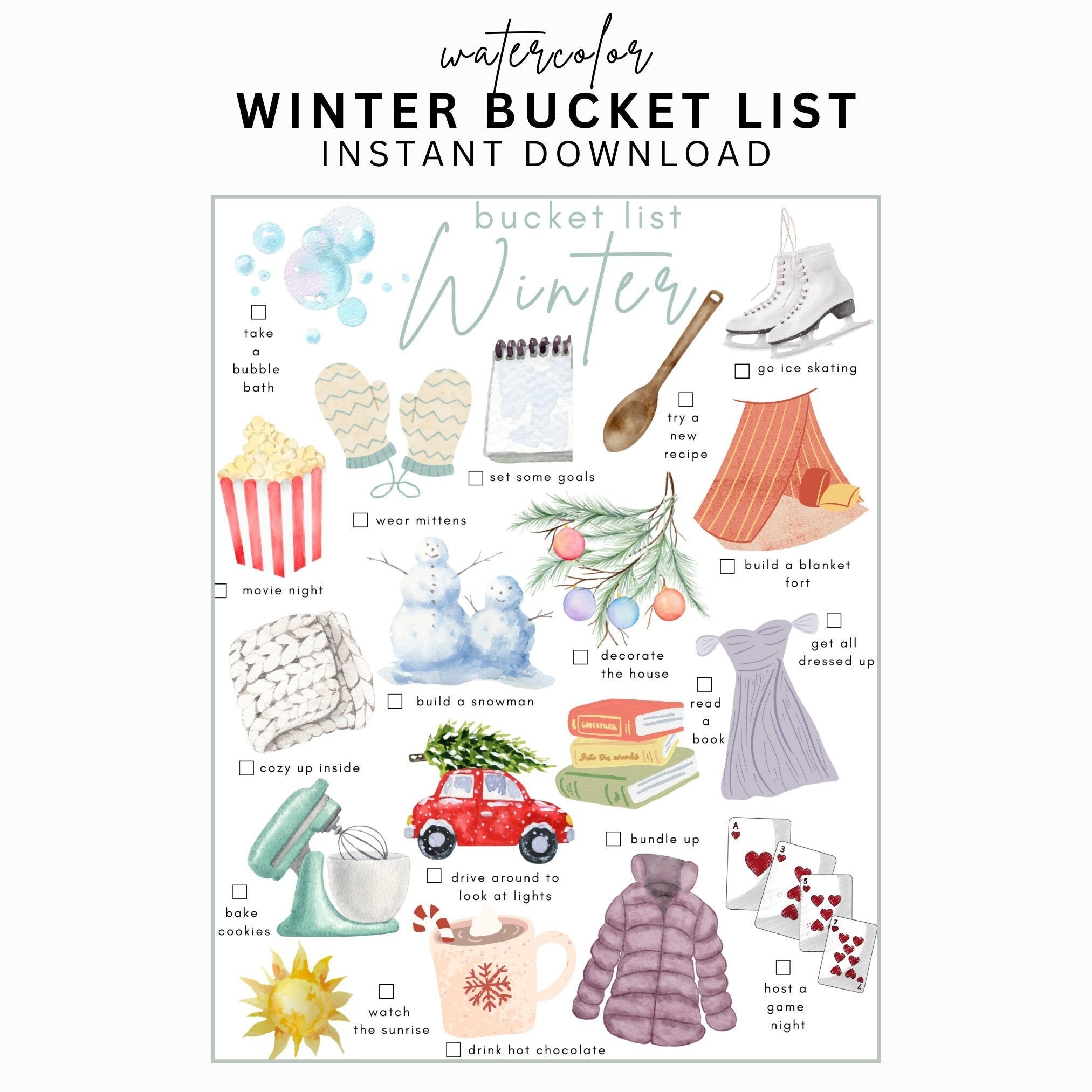 Winter Bucket List, Printable, Kids Bucket List, Seasonal Bucket List ...
