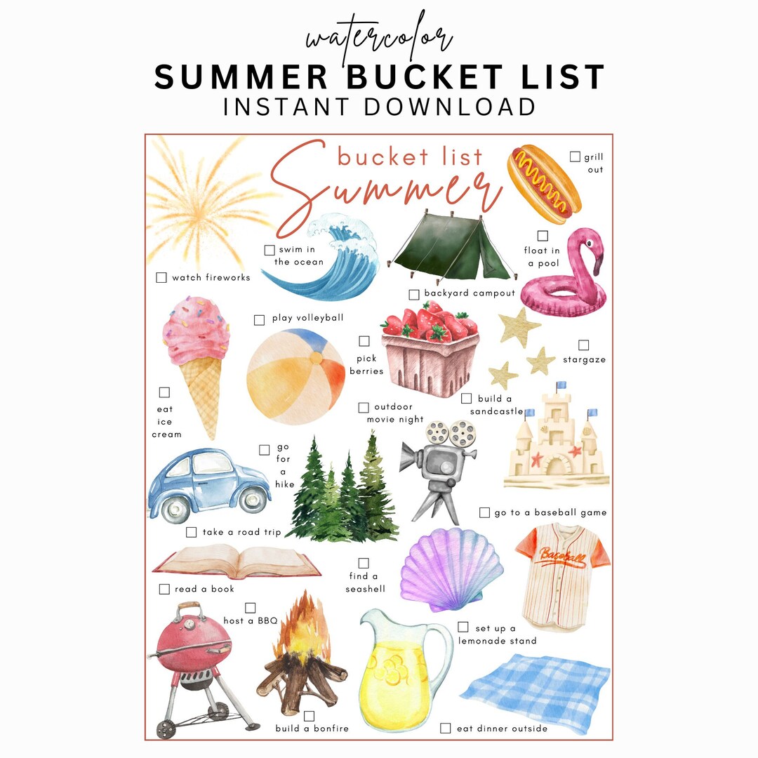 Watercolor Summertime Bucket List, Summer Bucket List, Printable - Etsy