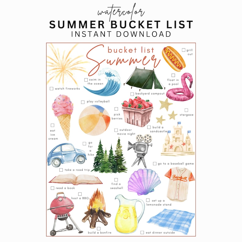 Watercolor Summertime Bucket List, Summer Bucket List, Printable - Etsy