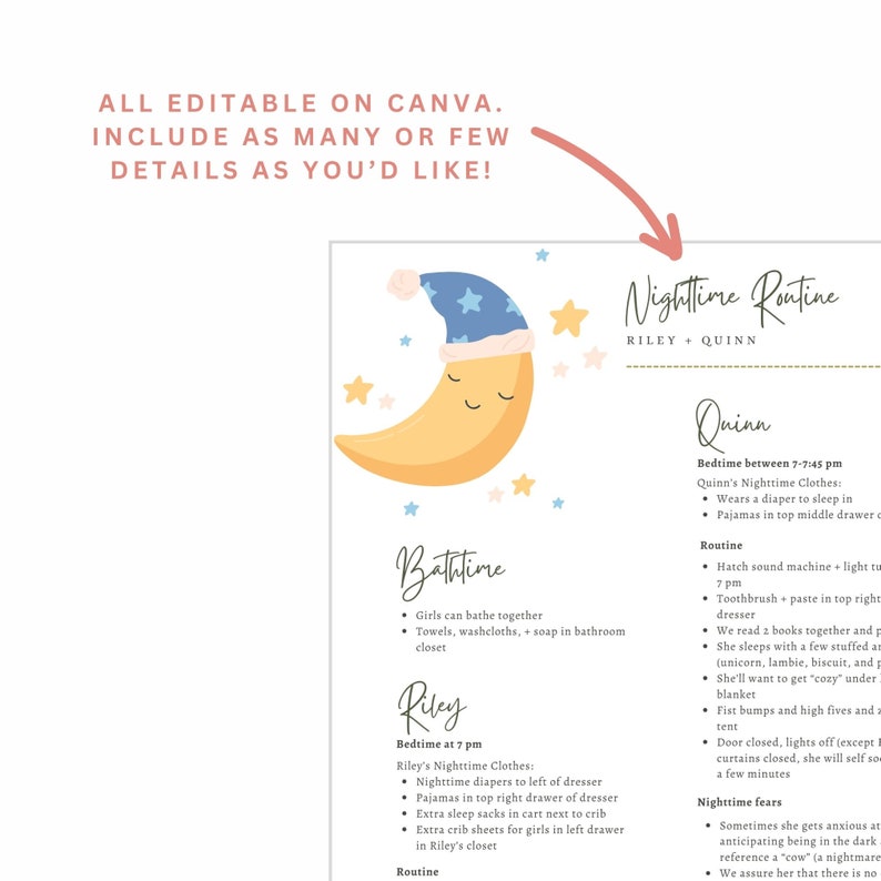 Baby and Toddler Schedule, Babysitter Info Sheet, Nighttime Routine - Etsy