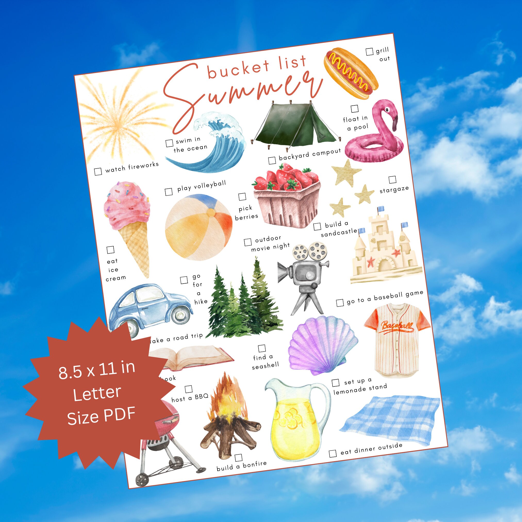 Watercolor Summertime Bucket List, Summer Bucket List, Printable - Etsy