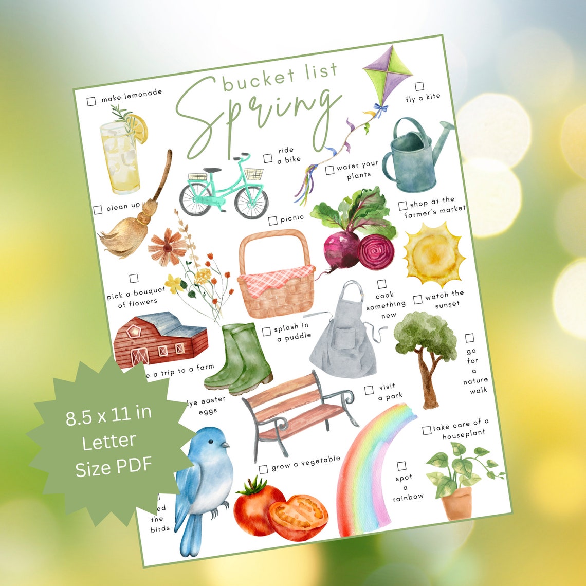 Watercolor Springtime Bucket List, Spring Bucket List, Printable - Etsy