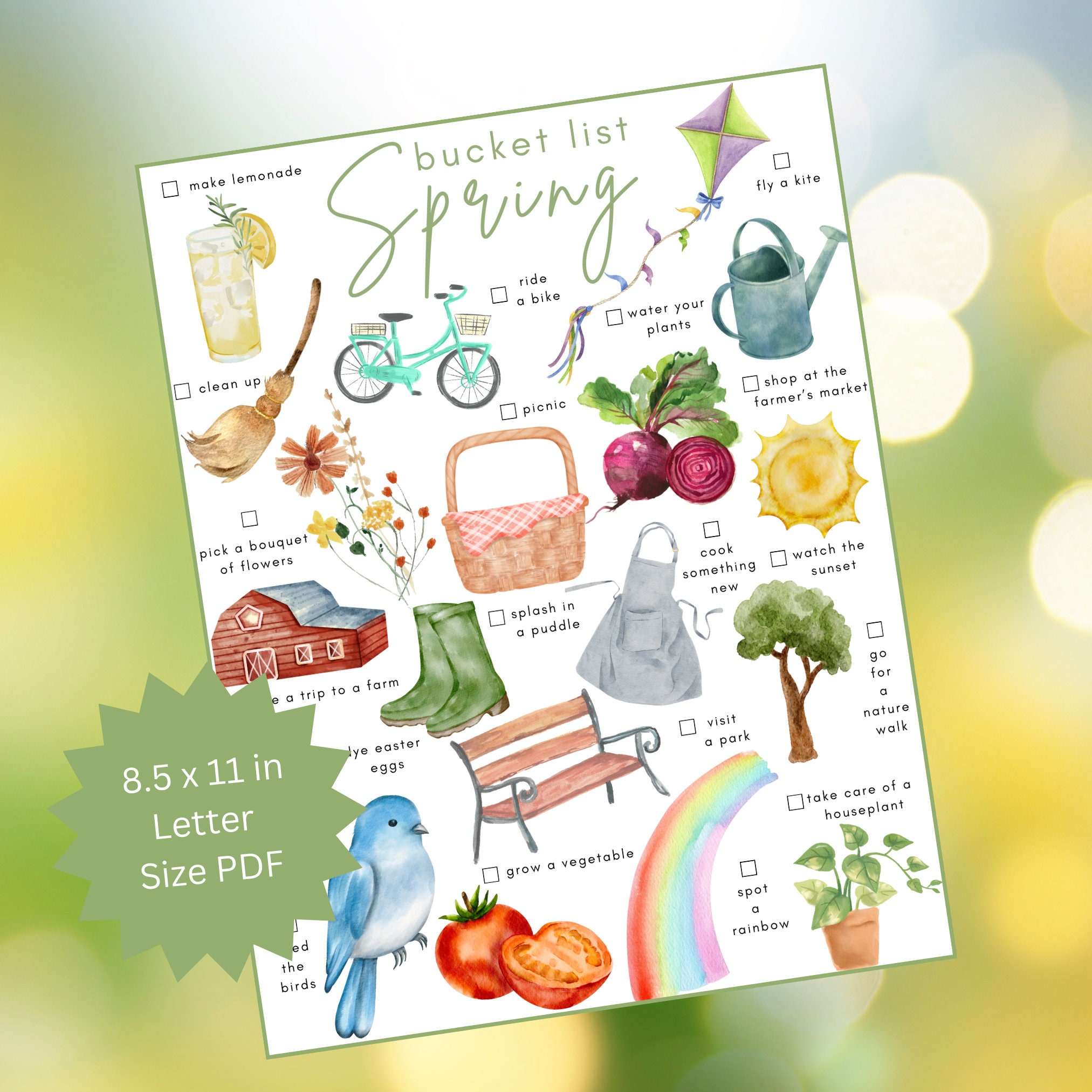 Watercolor Springtime Bucket List, Spring Bucket List, Printable - Etsy