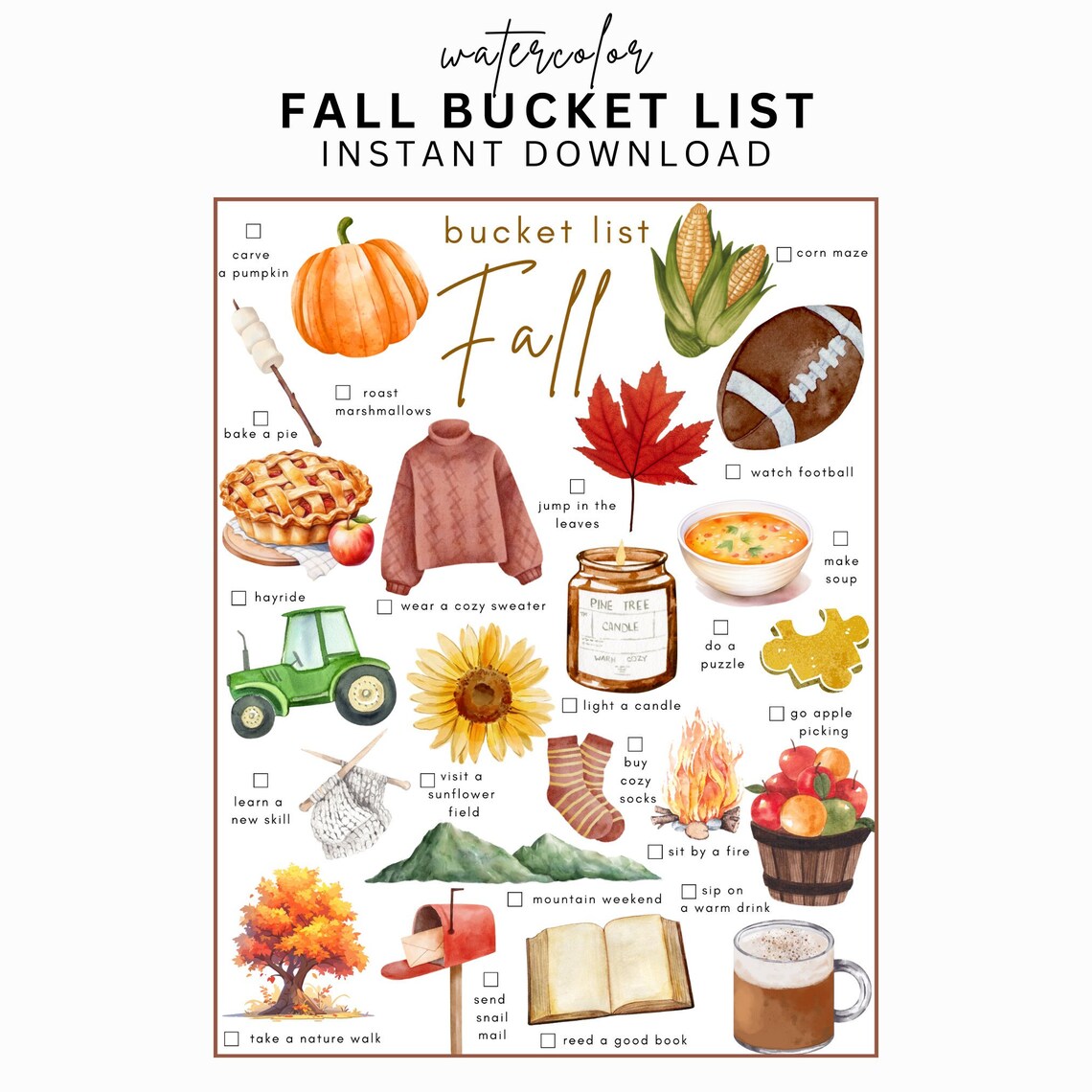 Watercolor Fall Bucket List, Fall Bucket List, Printable, Fall ...