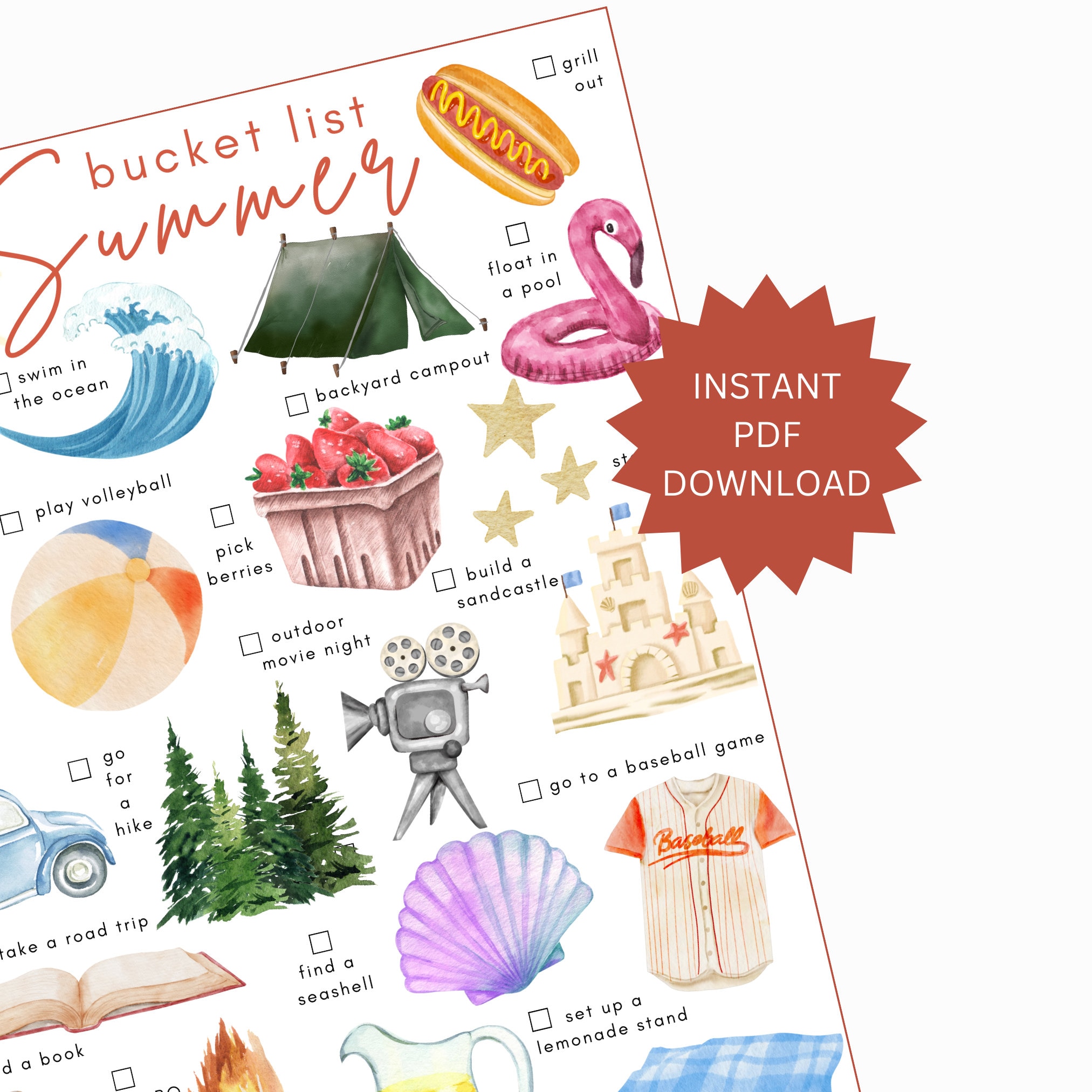 Watercolor Summertime Bucket List, Summer Bucket List, Printable - Etsy