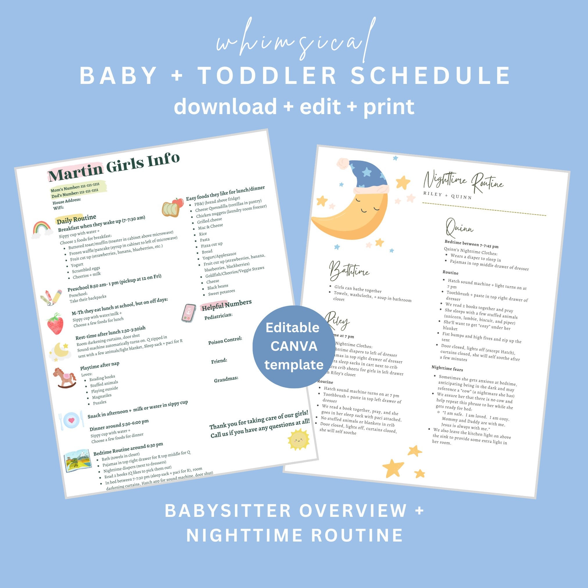 Baby and Toddler Schedule, Babysitter Info Sheet, Nighttime Routine - Etsy
