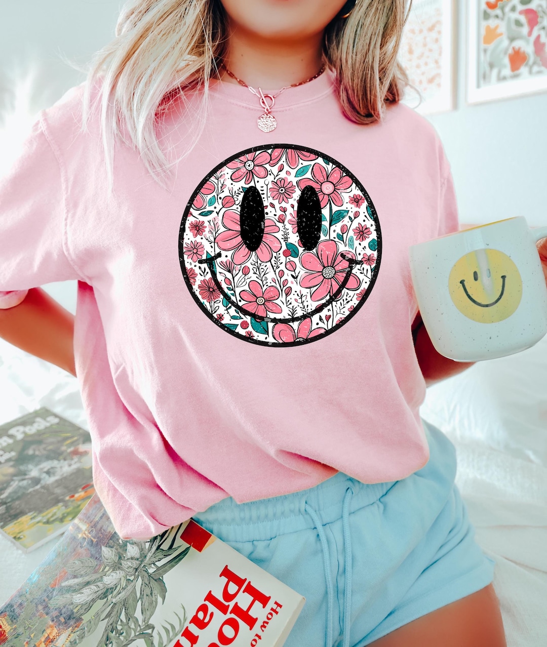 Retro Floral Happy Face Shirt, Funny Smile Face Shirt, Spring Season ...