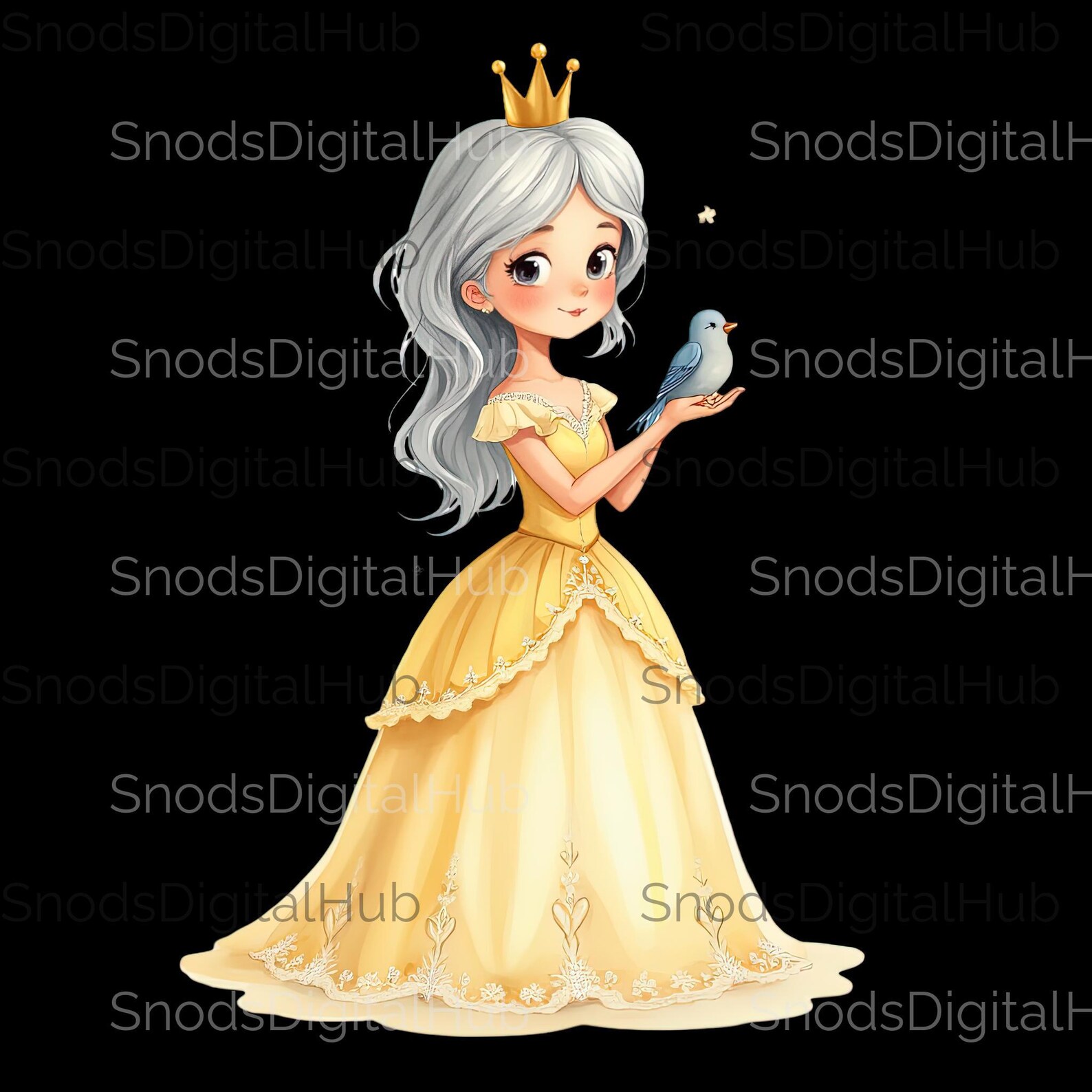 22 Watercolor Princess Clipart – Whimsical Yellow Gown With Blue Bird ...