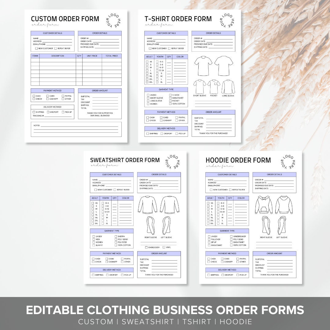 Editable Clothing Business Order Forms Bundle Template, Printable Small ...