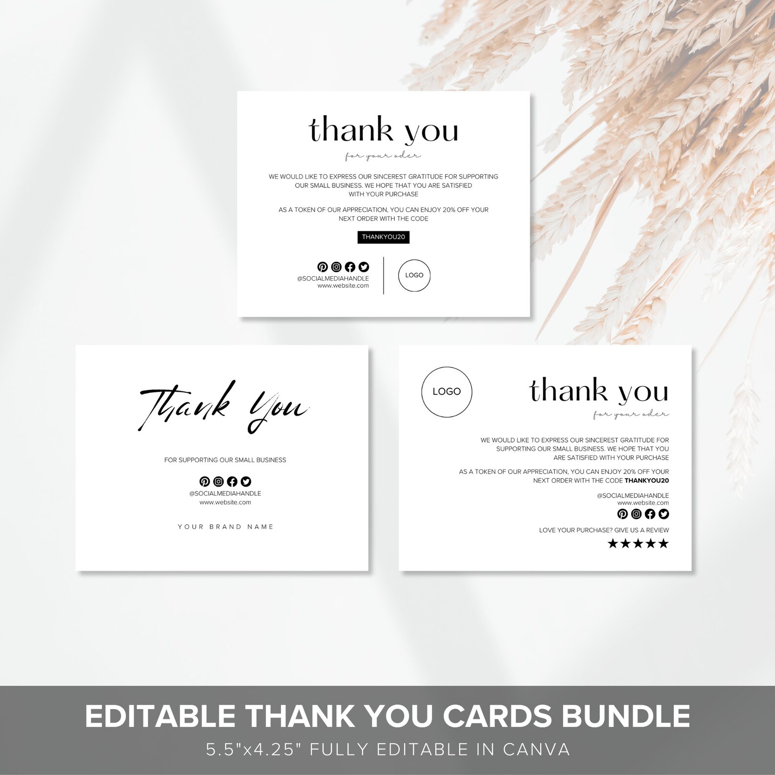 Editable Thank You Card Templates for Small Business, Printable Canva ...