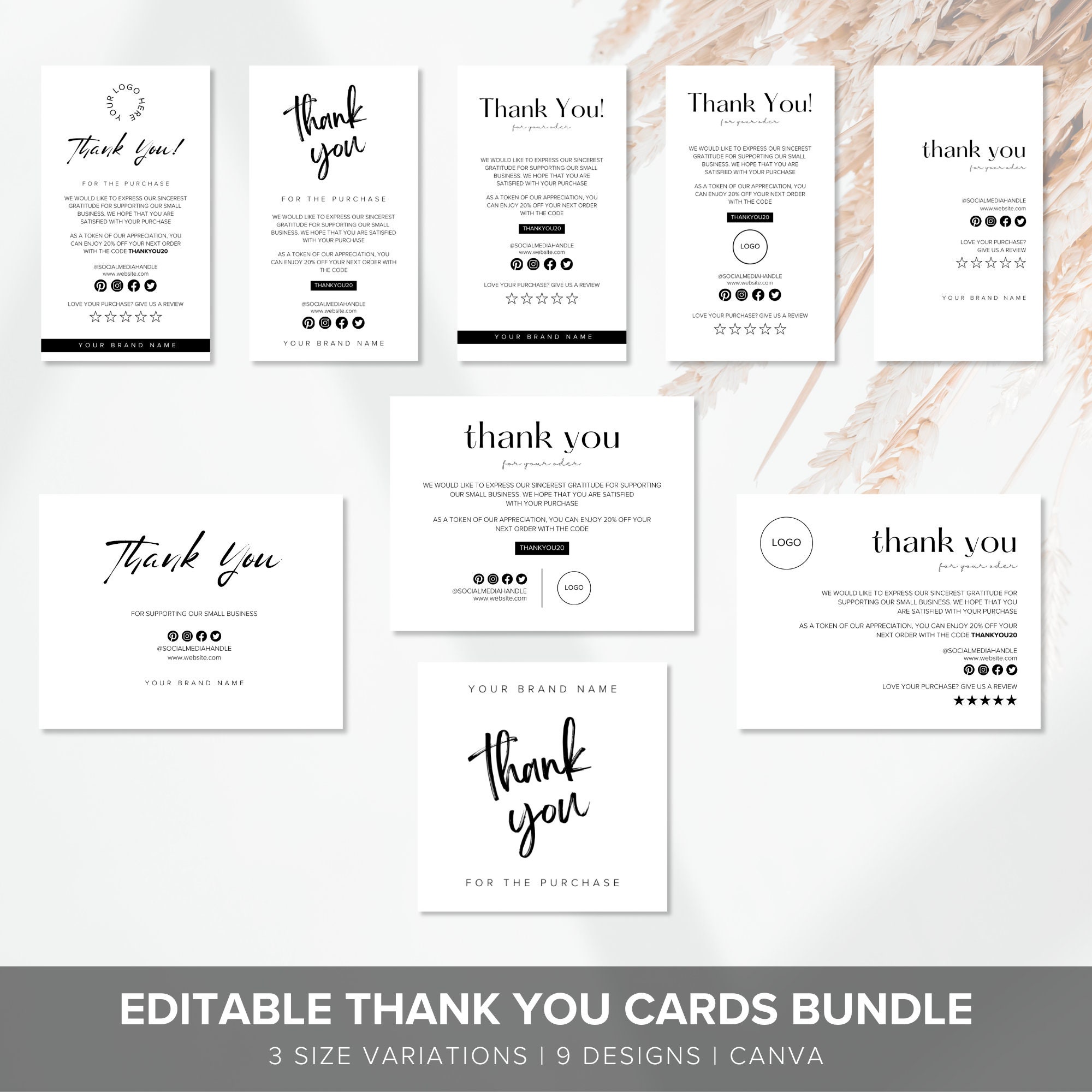 Editable Thank You Card Templates for Small Business, Printable Canva ...