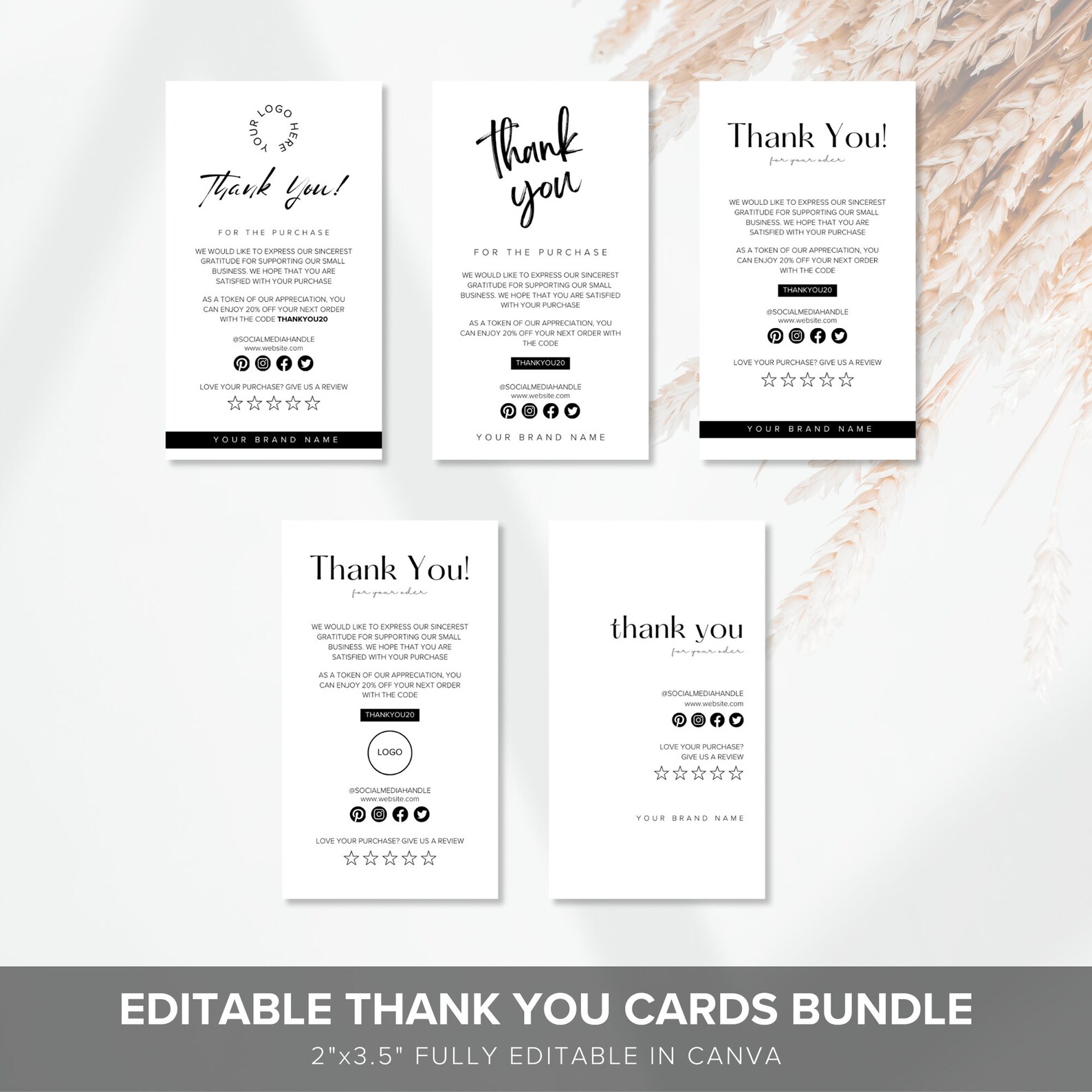 Editable Thank You Card Templates for Small Business, Printable Canva ...