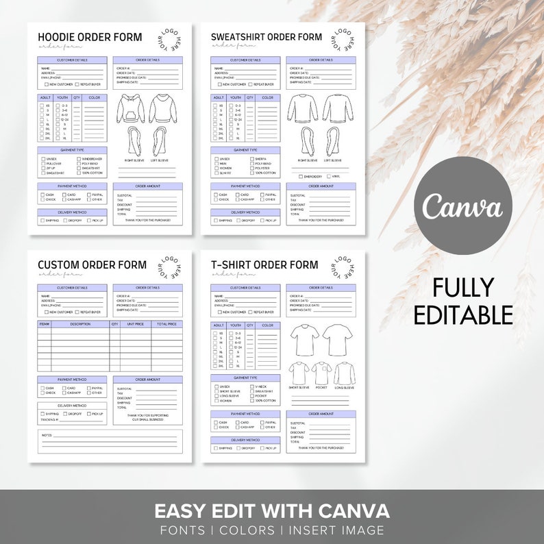Editable Clothing Business Order Forms Bundle Template, Printable Small ...