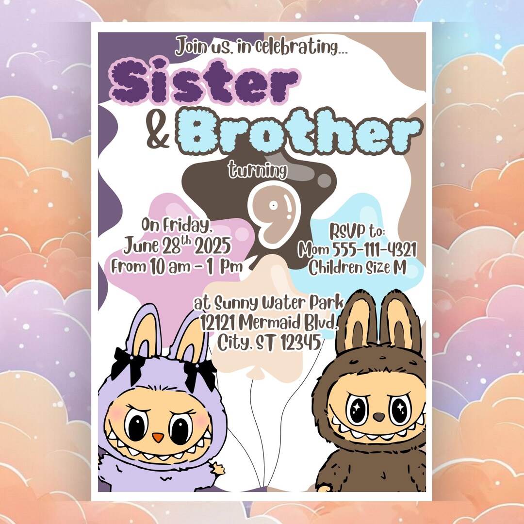 Twins Labubu Birthday Party Invitation L Labubu Siblings Invite ...